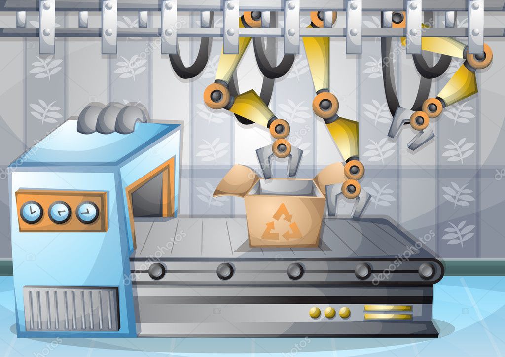 Cartoon vector illustration interior factory room with separated layers ...