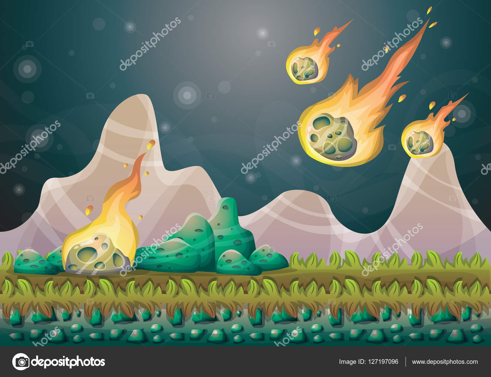 Cartoon vector landscape with meteor background with separated layers ...