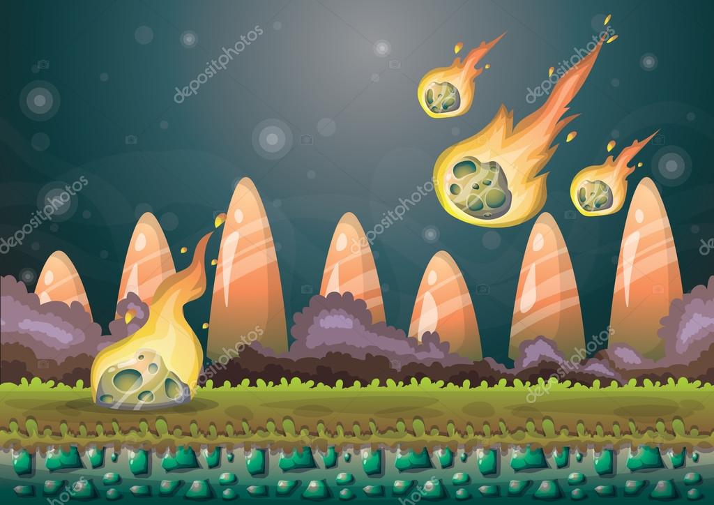 Desenho animado paisagem vetorial com fundo de meteoro com camadas ...