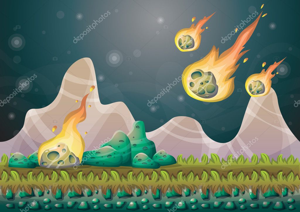 Cartoon vector landscape with meteor background with separated layers ...