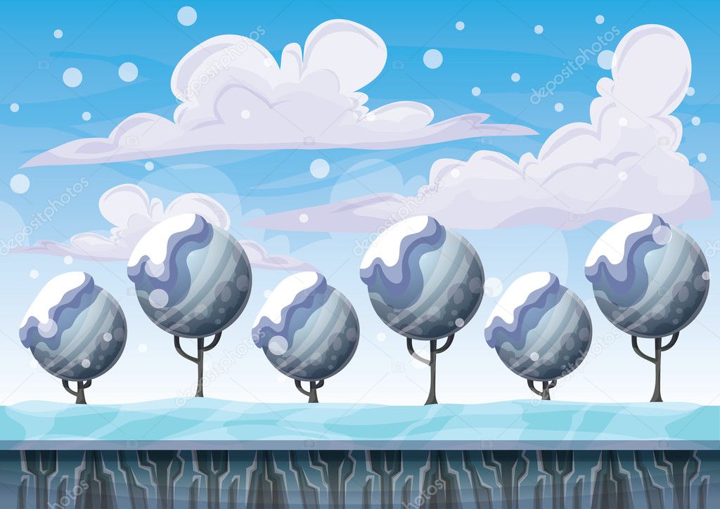 Cartoon vector snow landscape background with separated layers for game ...