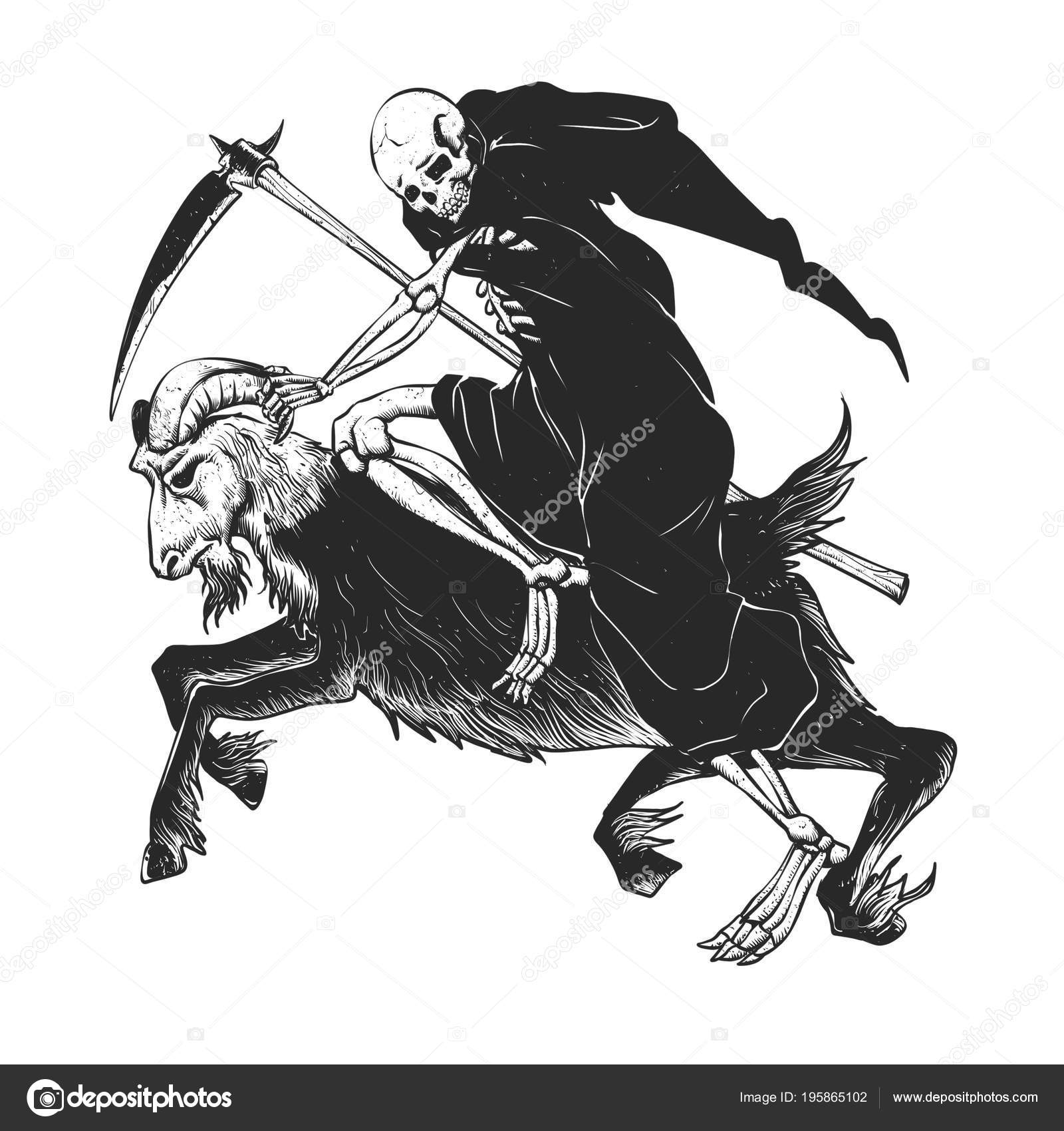 Reaper Grim Riding Goat Black White Gothic Skull Stock Illustration by ...