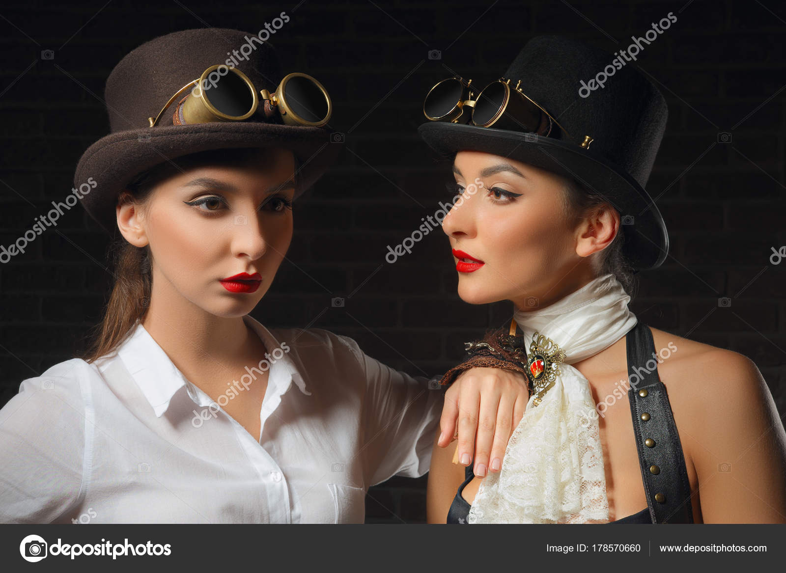 Portrait Of Steampunk Girls In Hat With Glasses And Cane In Leather