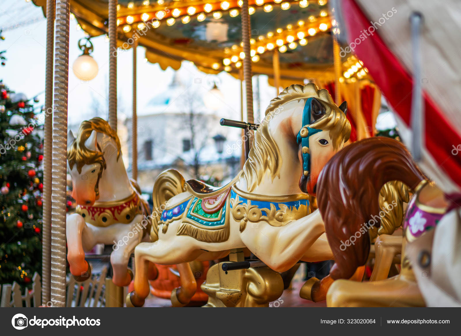 Carousel Horses Traditional Christmas Market Outdoor Fair Winter Day ...
