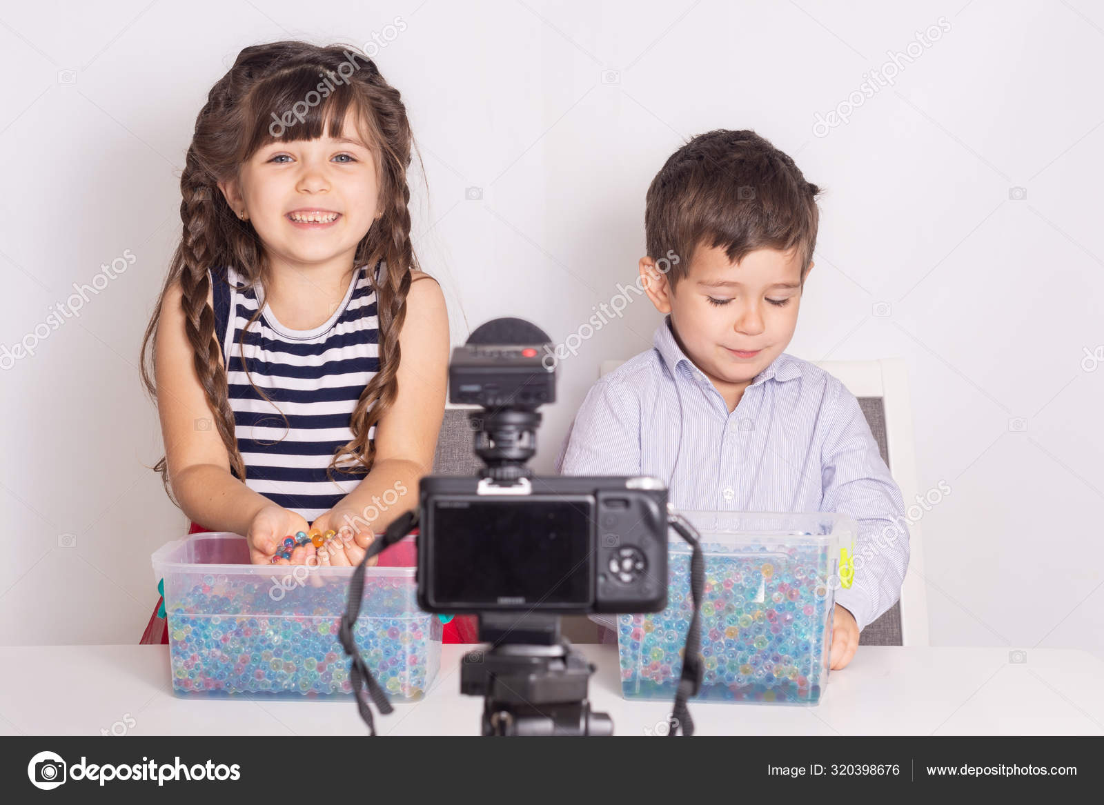 Girl Boy Playing Talking Camera Home Make Video Blog Little Stock Photo ...