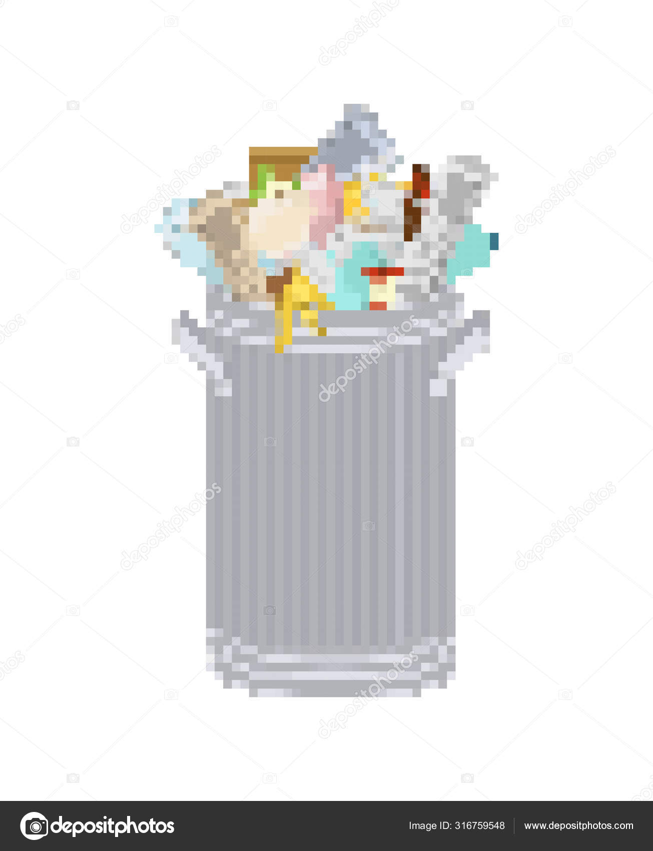 Trash can pixel art. 8 bit Wheelie bin with Garbage on white bac Stock ...