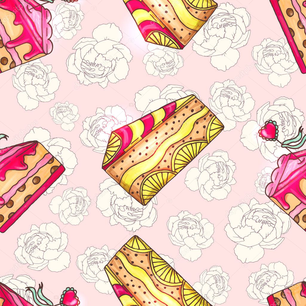Cakes seamless pattern illustration with peony flowers. Pastry and ...