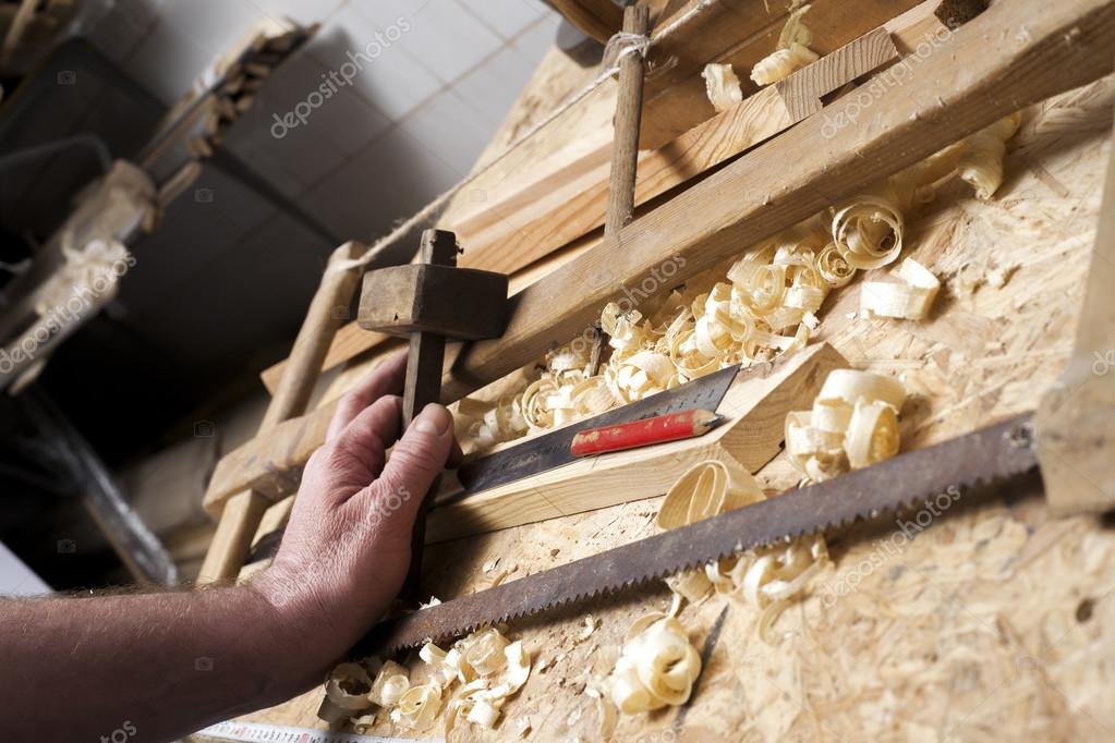 Carpenter working,hammer,meter and screw-driver on construction — Stock ...