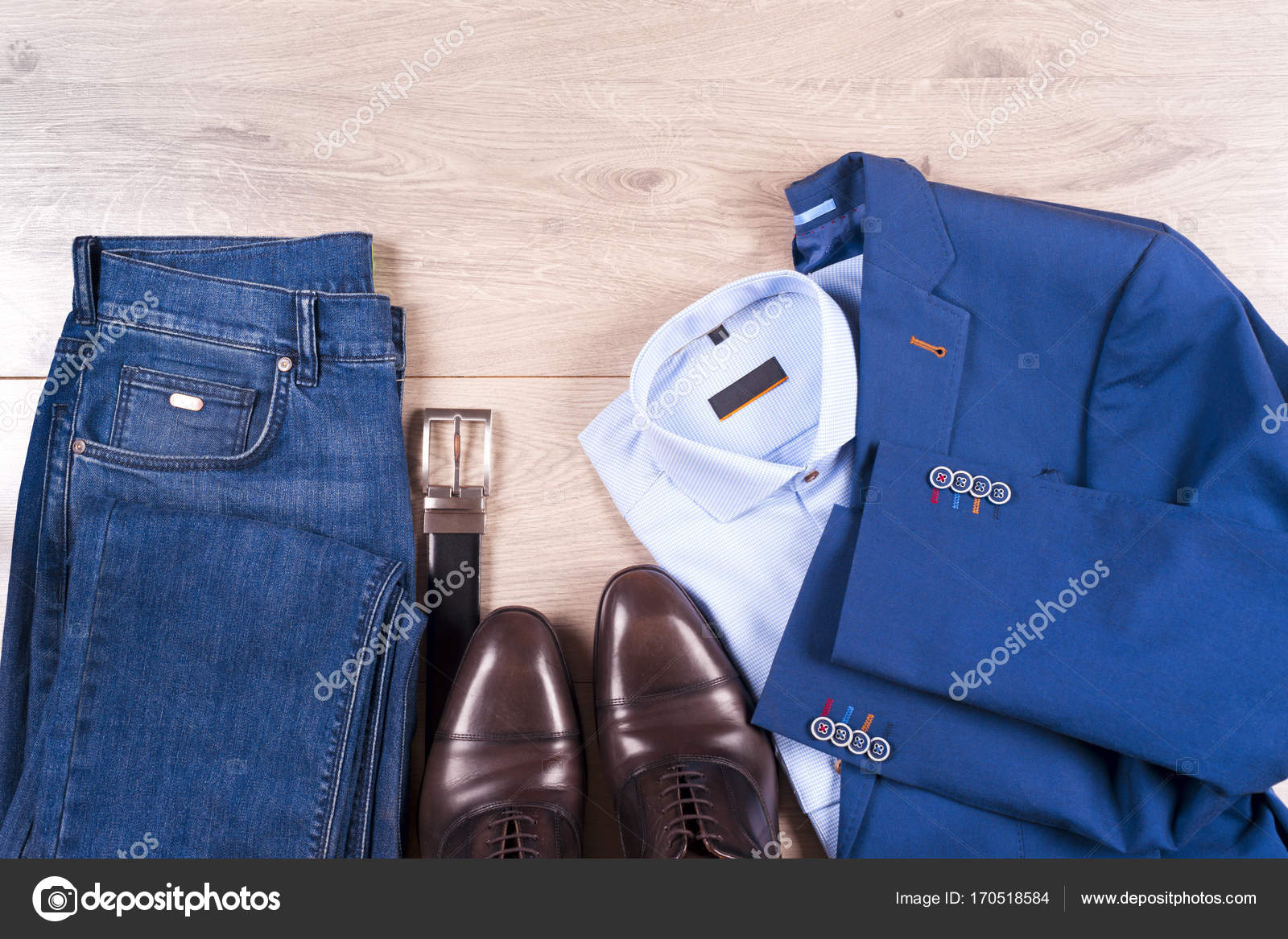 Set of classic mens clothes - blue suit, shirts, brown shoes, belt and ...