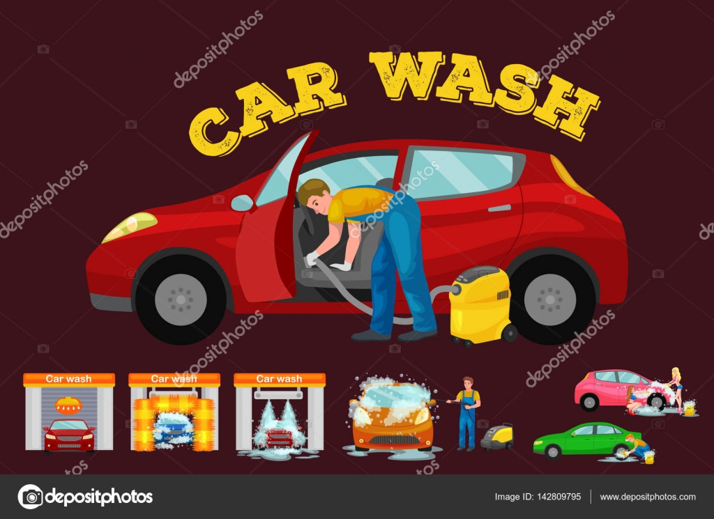 Contactless car washing services, bikini model girl cleaning auto with ...