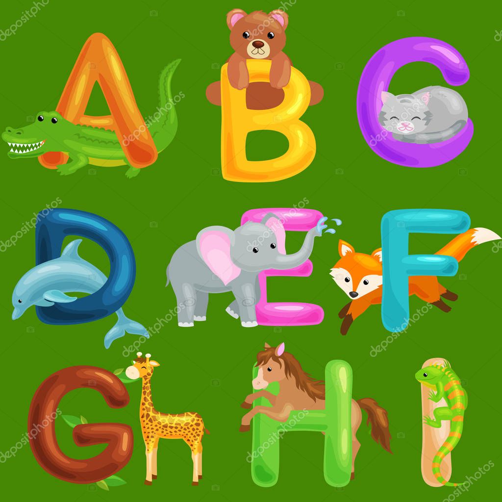 conjunto de letras animales alfabeto para los niños peces, dibujos ...