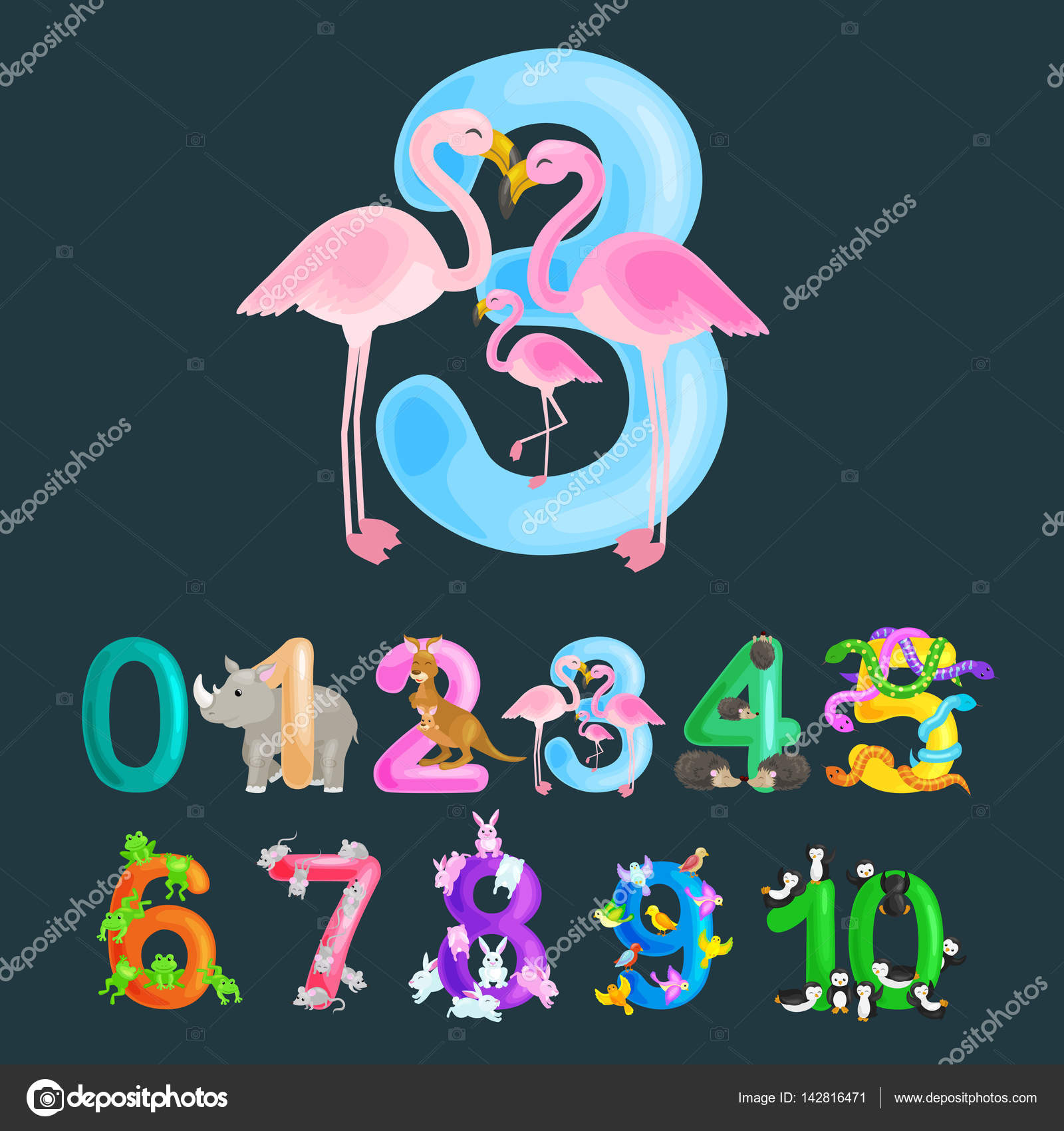 Ordinal number 3 for teaching children counting three flamingos with ...