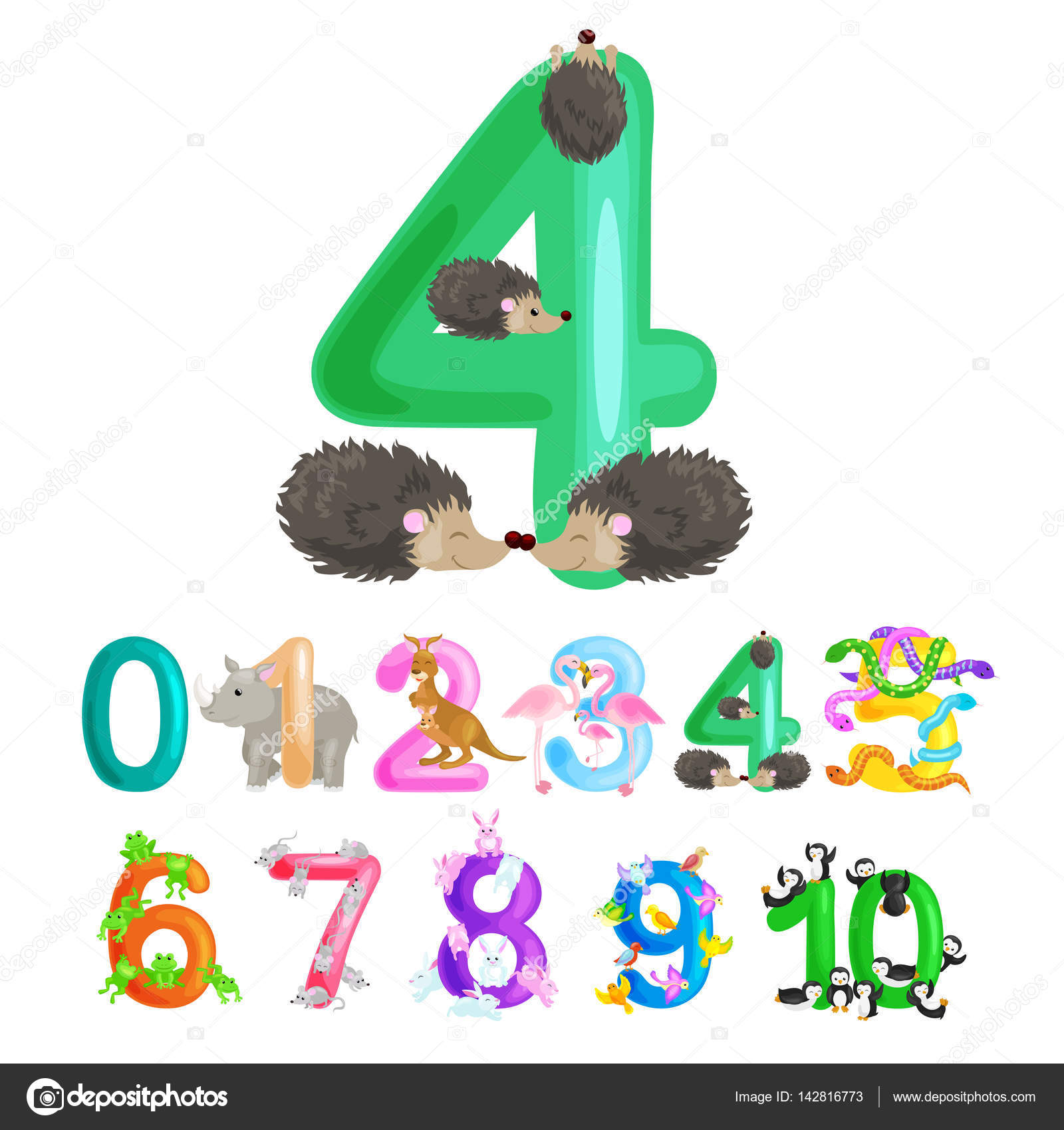 Ordinal number 4 for teaching children counting four hedgehogs with the ...