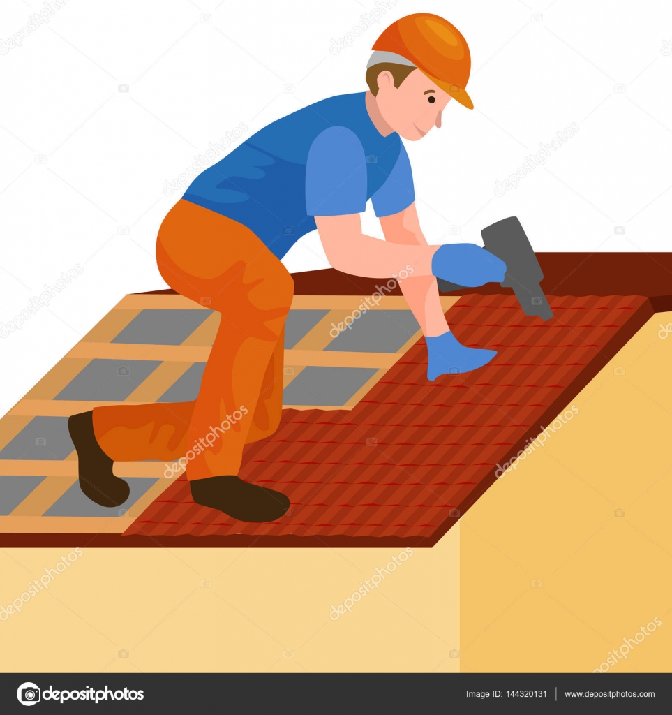 Roof construction worker repair home, build structure fixing rooftop ...