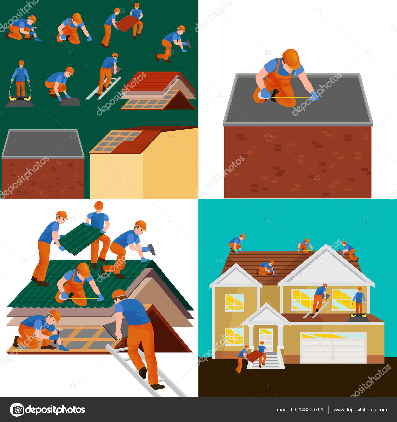 Roof construction worker repair home, build structure fixing rooftop ...