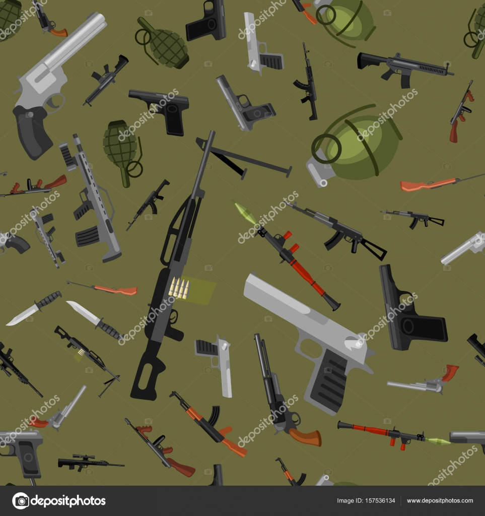 Military gun seamless pattern, automatic and hand weapon in magazine ...