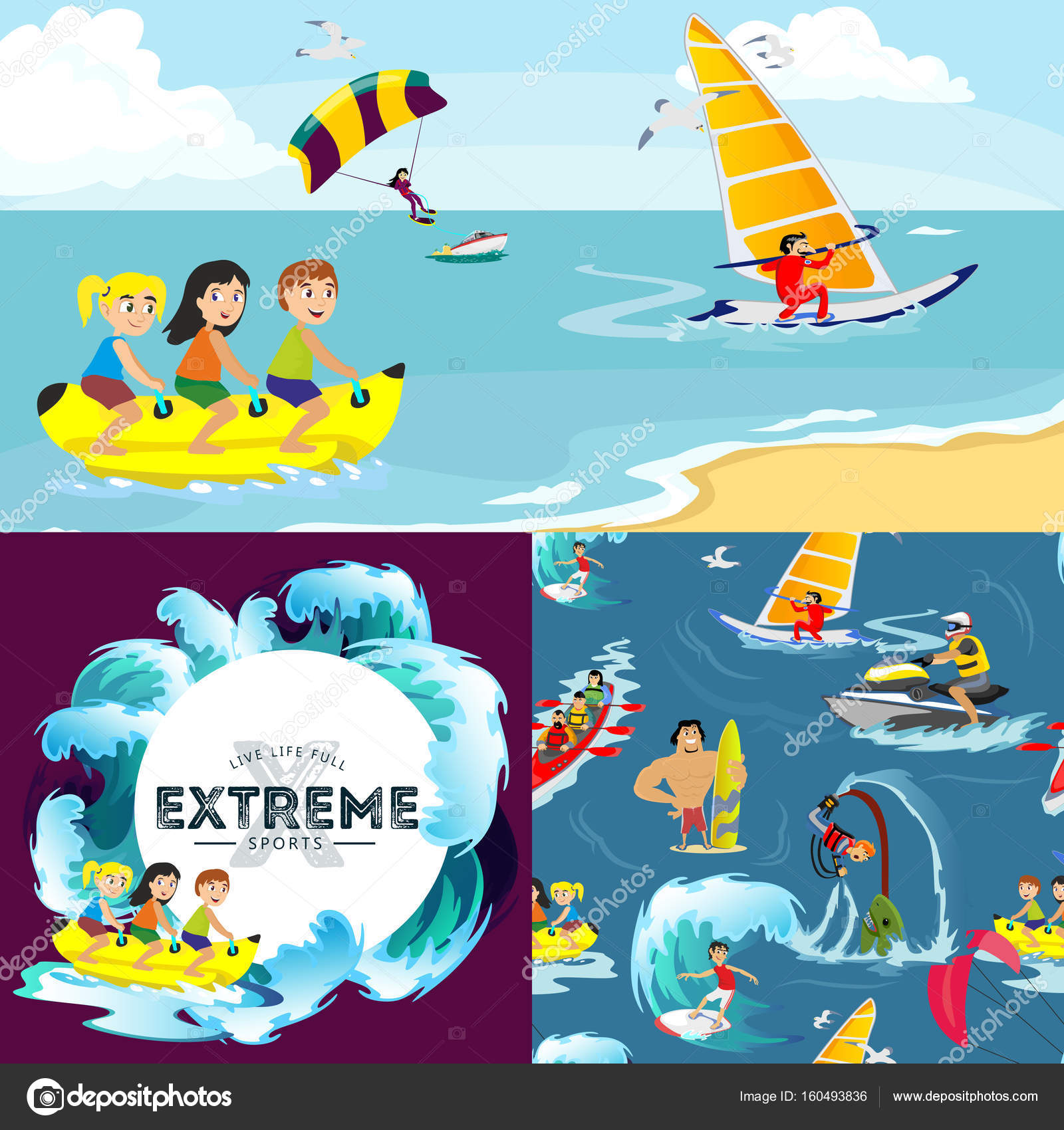 Set of water extreme sports backgrounds, isolated design elements for ...