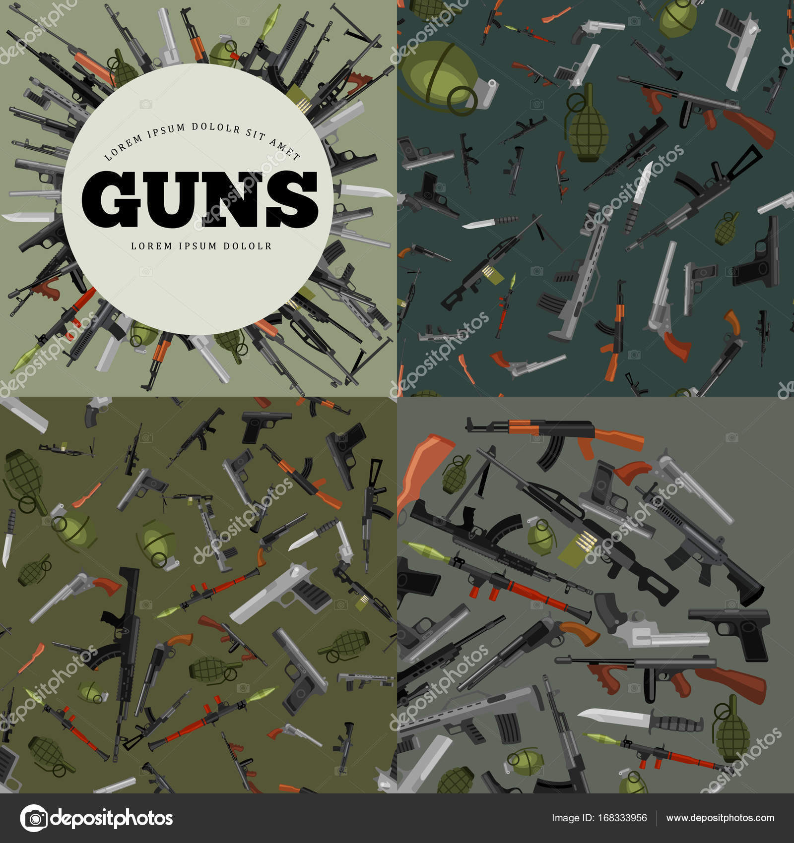 Military gun set, automatic and hand weapon in magazine barrel with ...