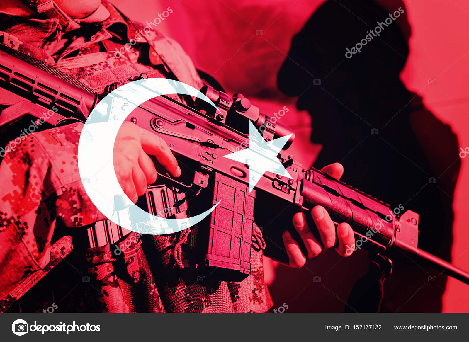 Soldier with machine gun with national flag of Turkey — Stock Photo ...