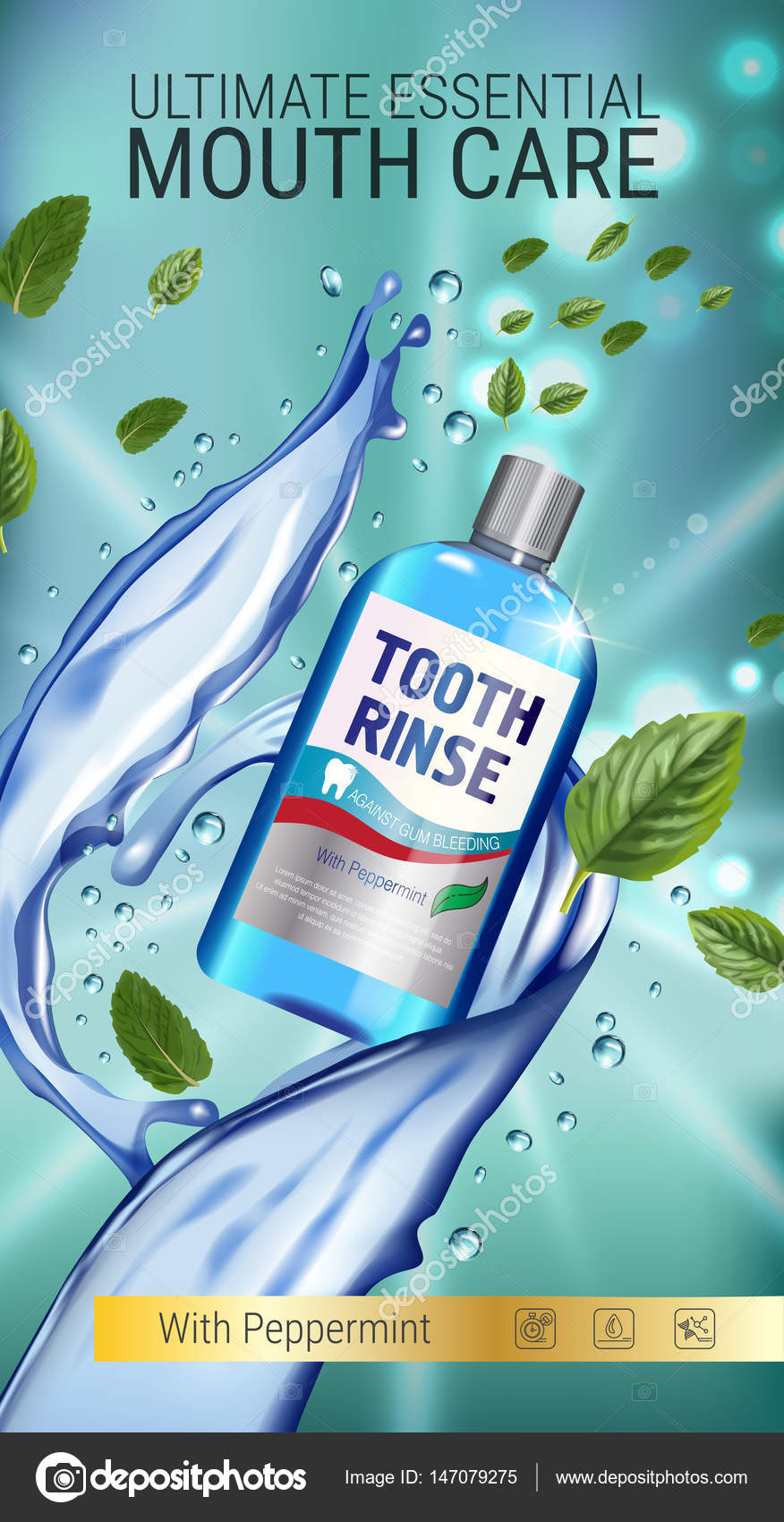 Mouth rinse ads. Vector 3d Illustration with Mouth rinse in bottle and ...
