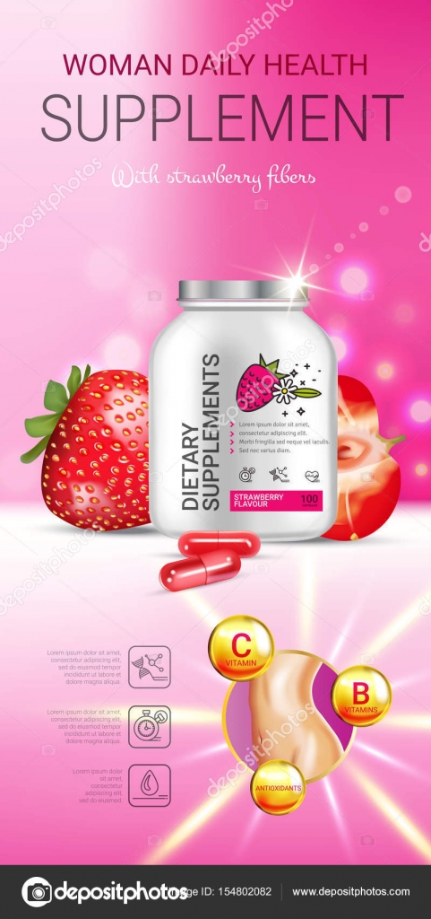 Strawberry dietary supplement ads. Vector Illustration with supplement ...