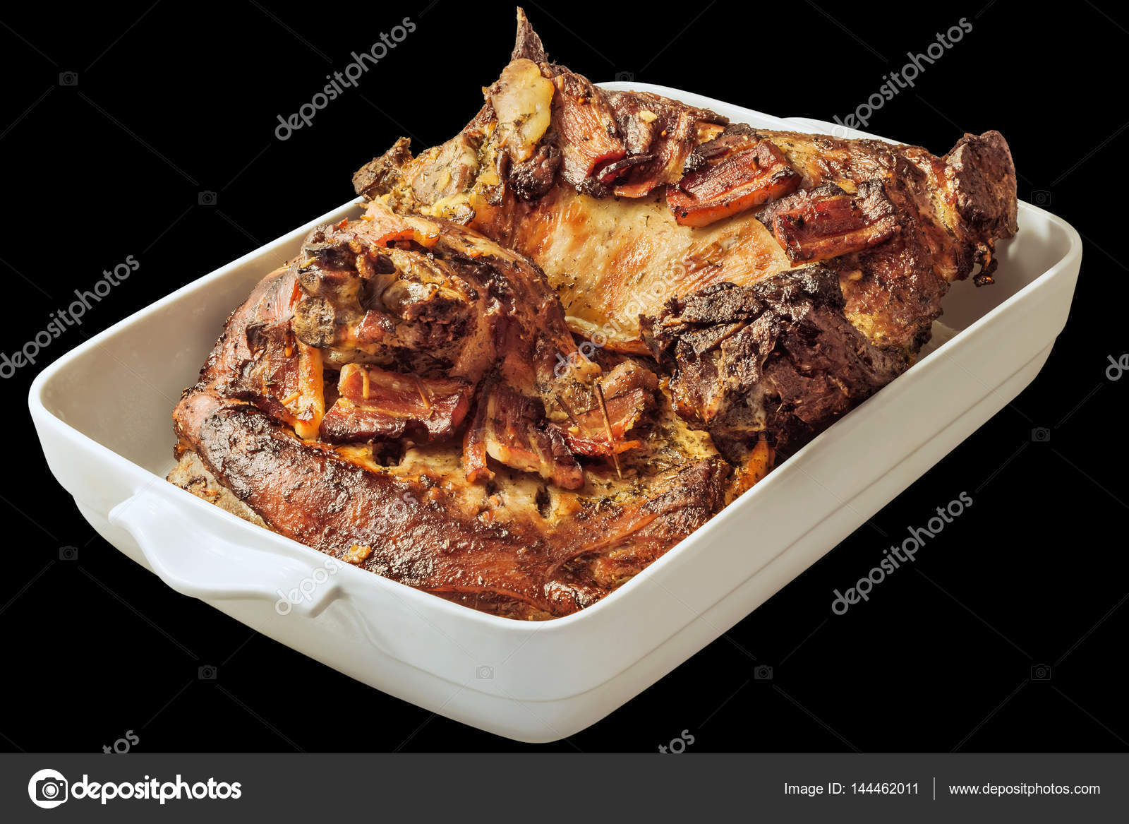 Roasted Lamb Shoulder with Bacon Rashers in Porcelain Casserole Dish ...