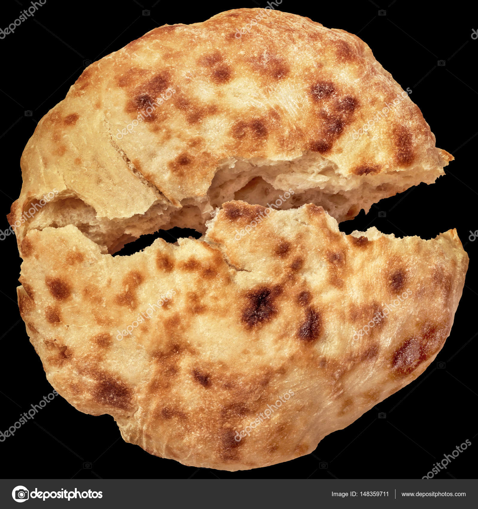 Leavened Loaf of Flatbread Torn In Half Isolated on Black Background ...