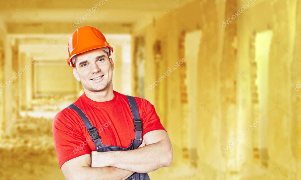 Portrait Smiley Face Engineer Hand Worker Wearing Orange Helmet Workers ...
