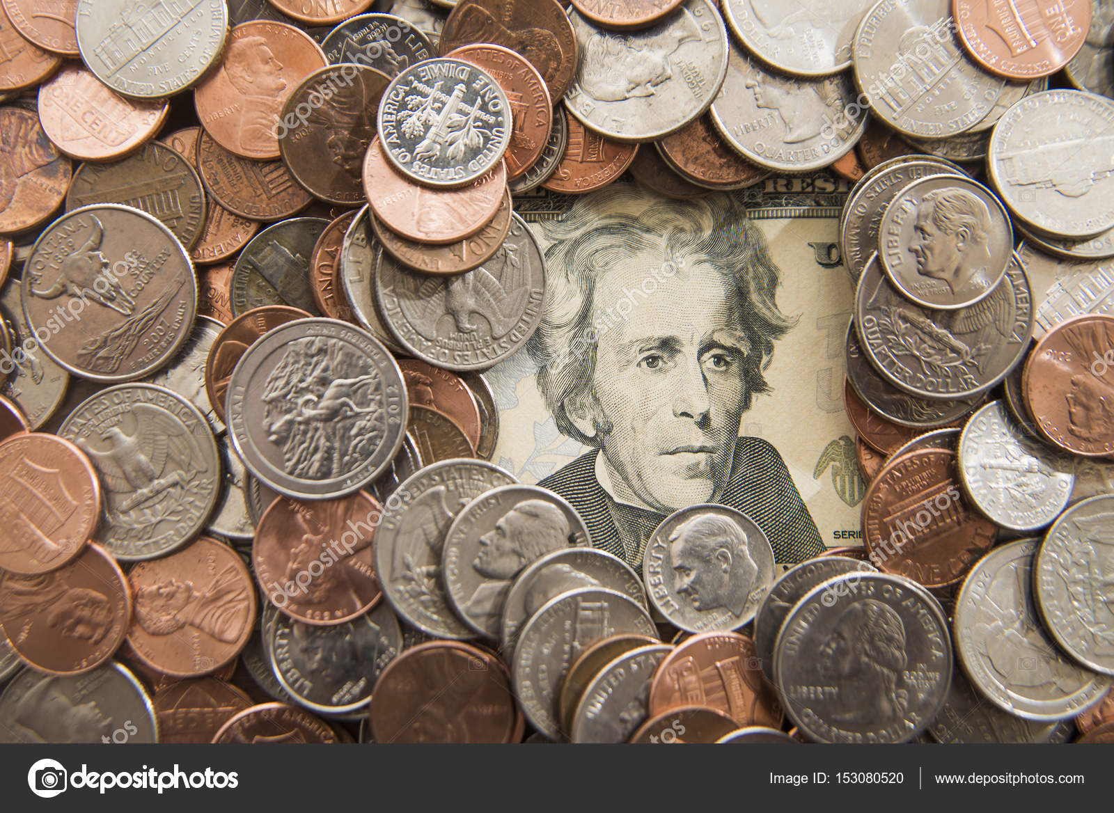 Dollar bill and many metal cents Stock Photo by ©borjomi88 153080520