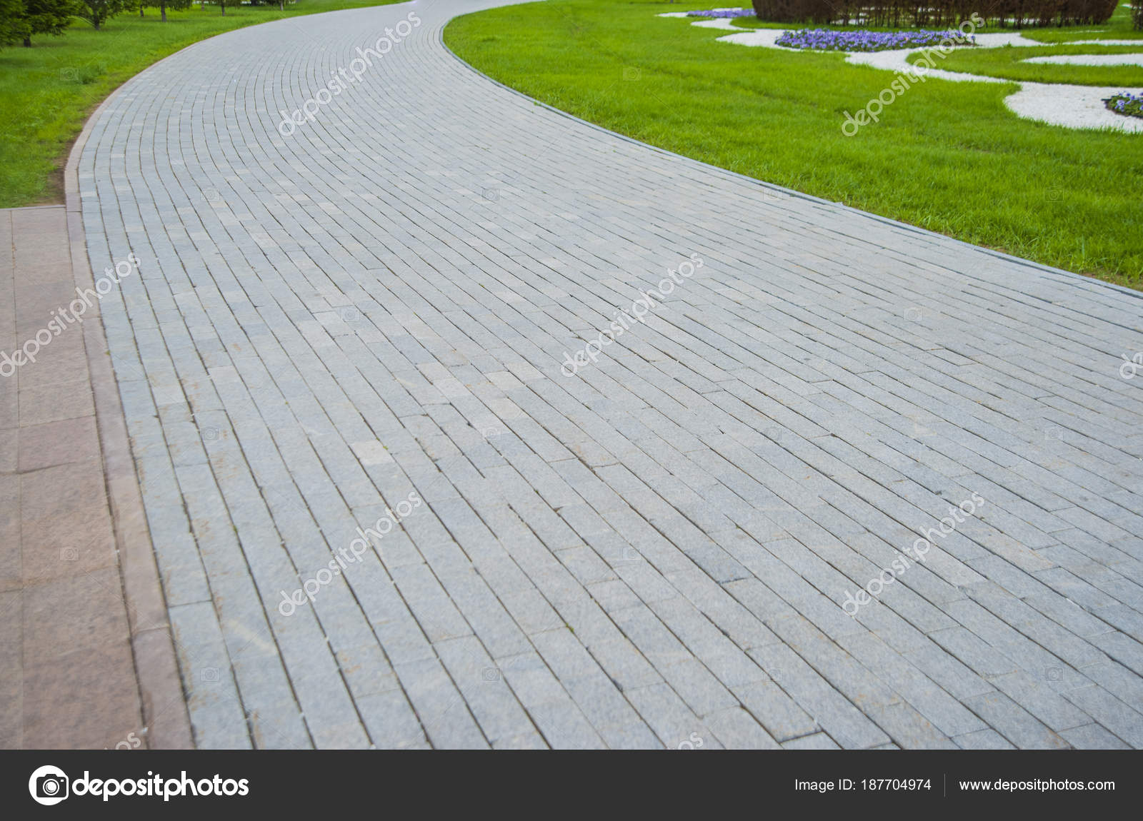 Stone Pathway Park Concrete Pathway Green Grass Lawn Park Stock Photo ...