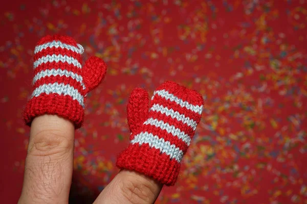 Knitted Mittens Fingers Male Handon Red Background — Stock Photo ...