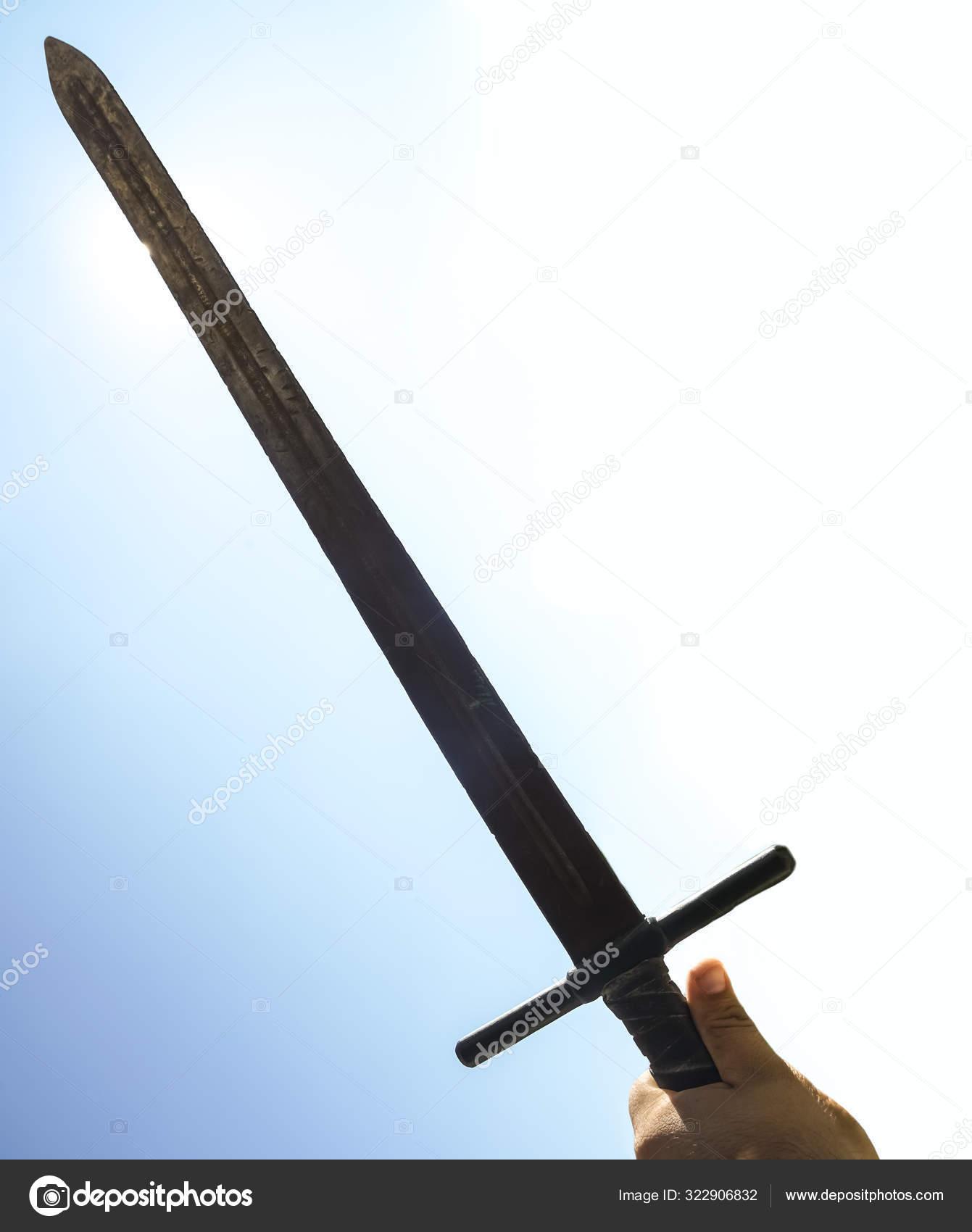 Historical Sword Male Hand Blue Sunny Sky Background Face Sun — Stock ...