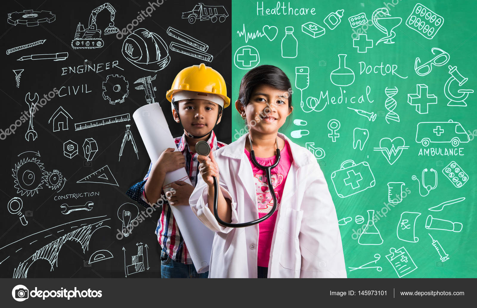 Kids and education concept - Small indian boy and girl posing in front ...