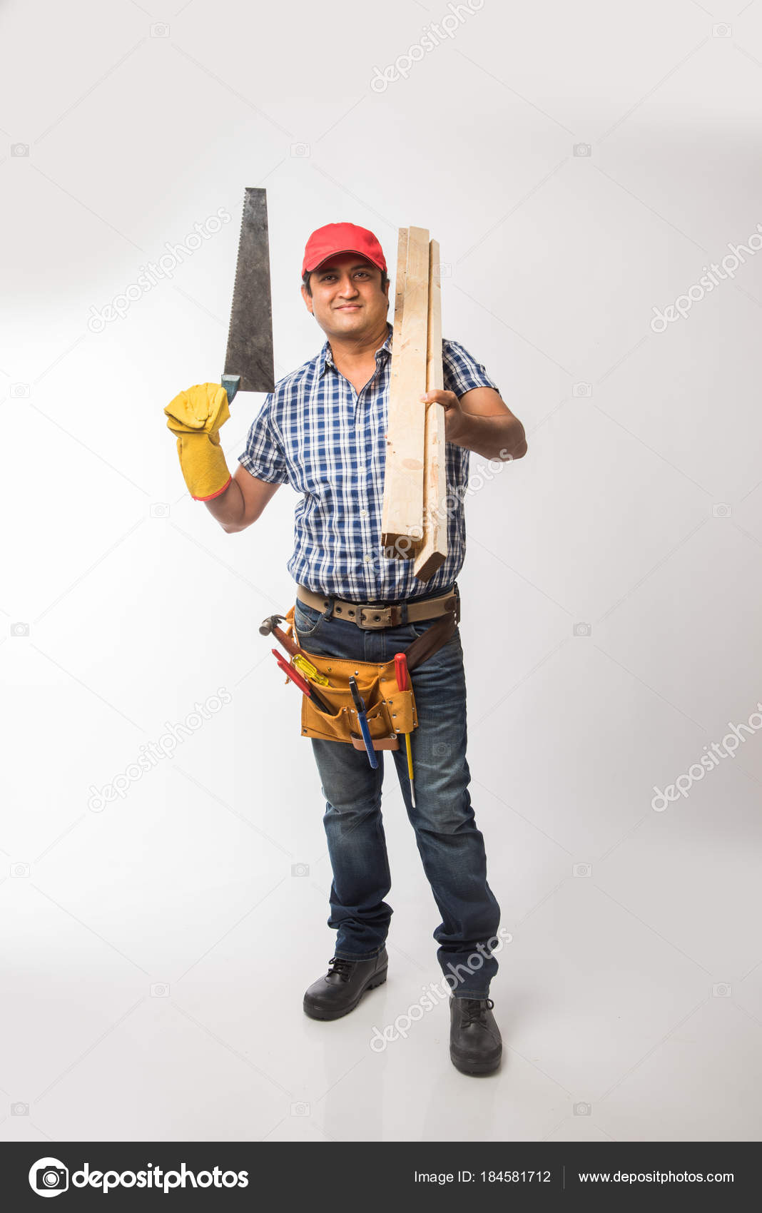 Handsome Indian Carpenter Wood Worker Action Isolated White Background ...