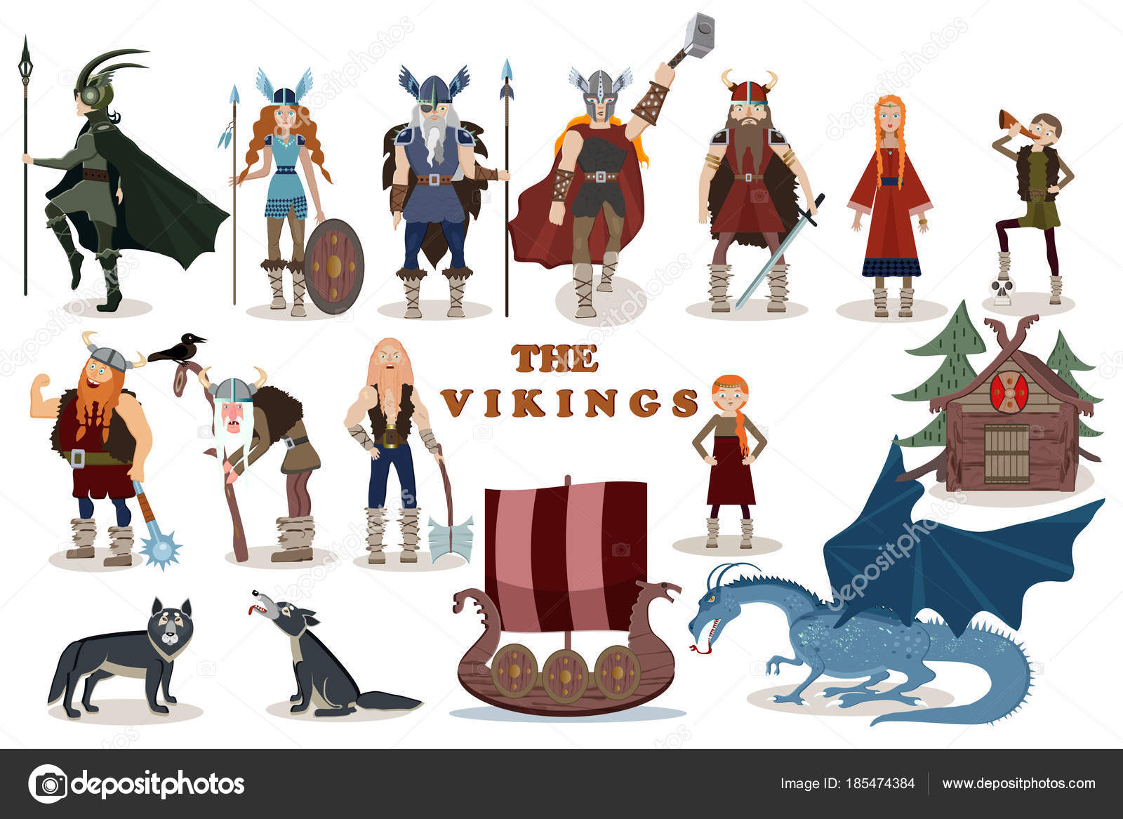 Los vikingos. Personajes de dibujos animados vikingos. Valquiria, berserker, guerra Stock Vector ...