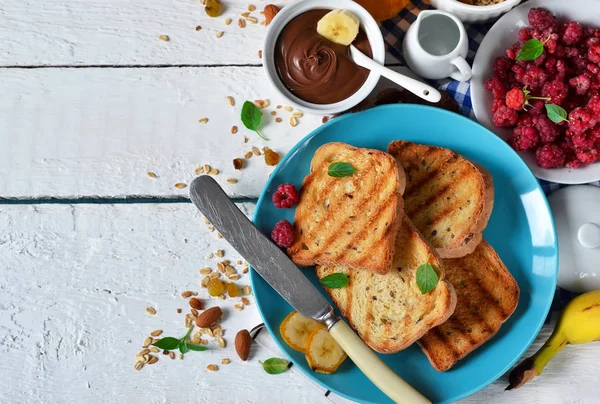 Good morning - toast with walnut, chocolate paste, banana Stock Photo ...