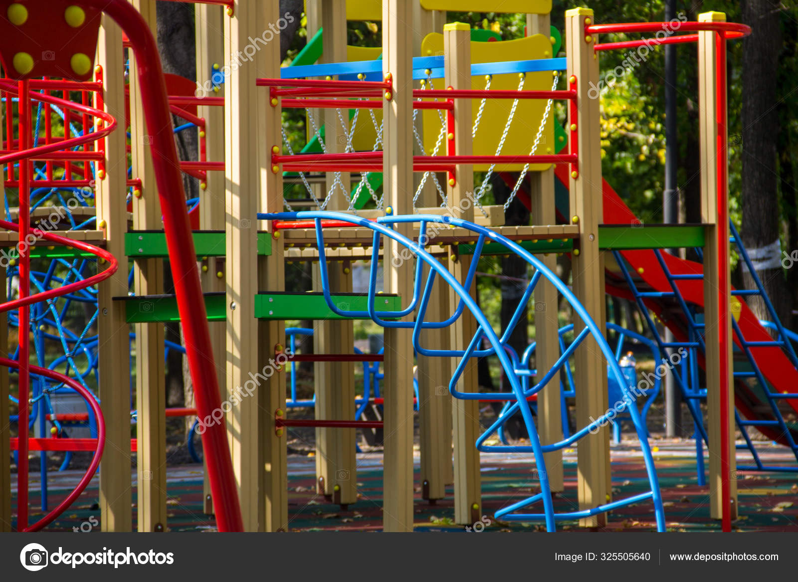 Colorful playground equipment for children in public park — Stock Photo ...