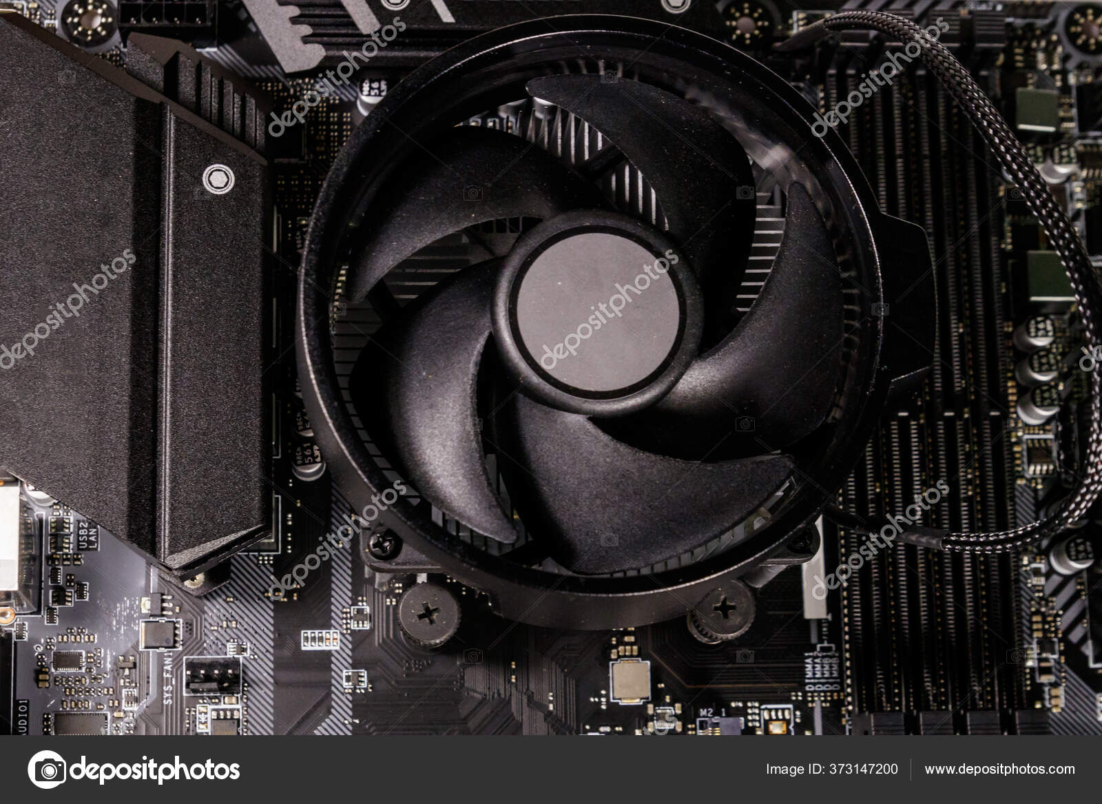 Close Modern Computer Motherboard Installed Cpu Cooler Electronic ...