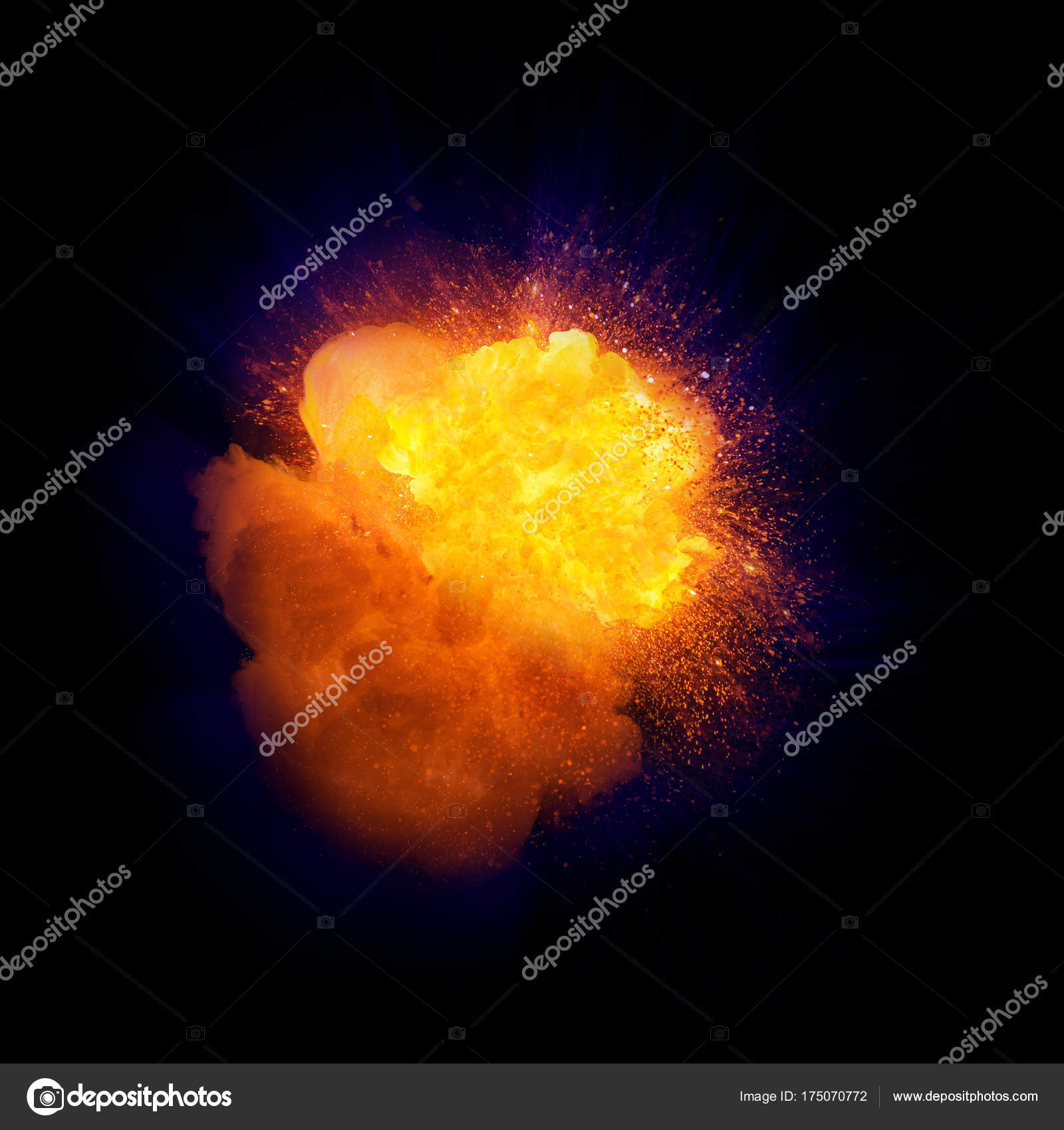 Realistic Fire Explosion Orange Color Blue Cast Sparks Isolated Black ...