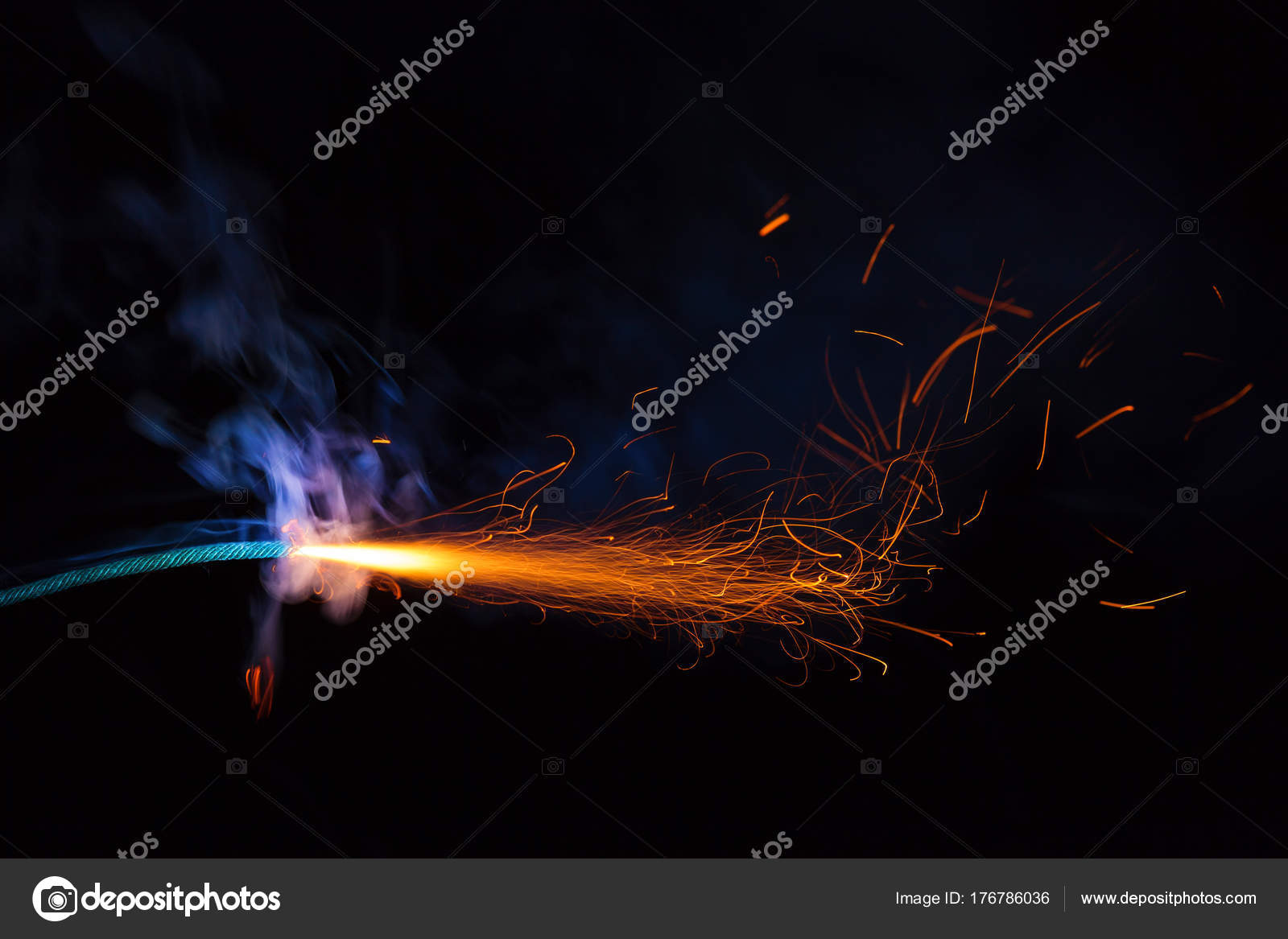 Burning Fuse Sparks Blue Smoke Black Background — Stock Photo © d ...