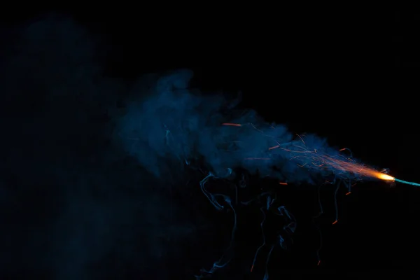 Burning Fuse Sparks Blue Smoke Black Background — Stock Photo © d ...