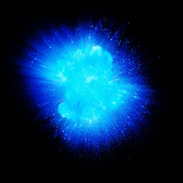 Realistic blue explosion with sparks and smoke isolated on black ...
