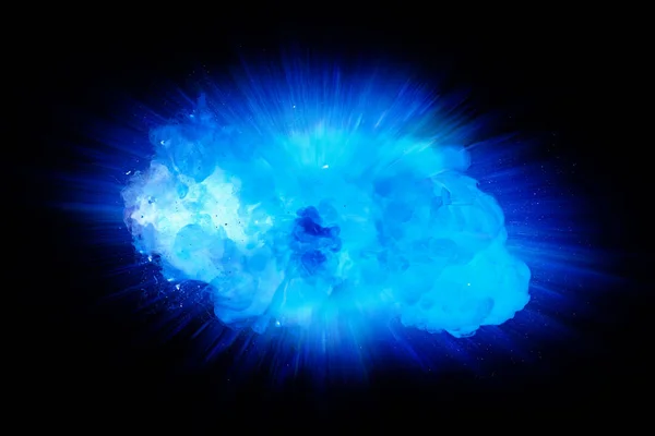 Realistic blue explosion with sparks and smoke isolated on black ...