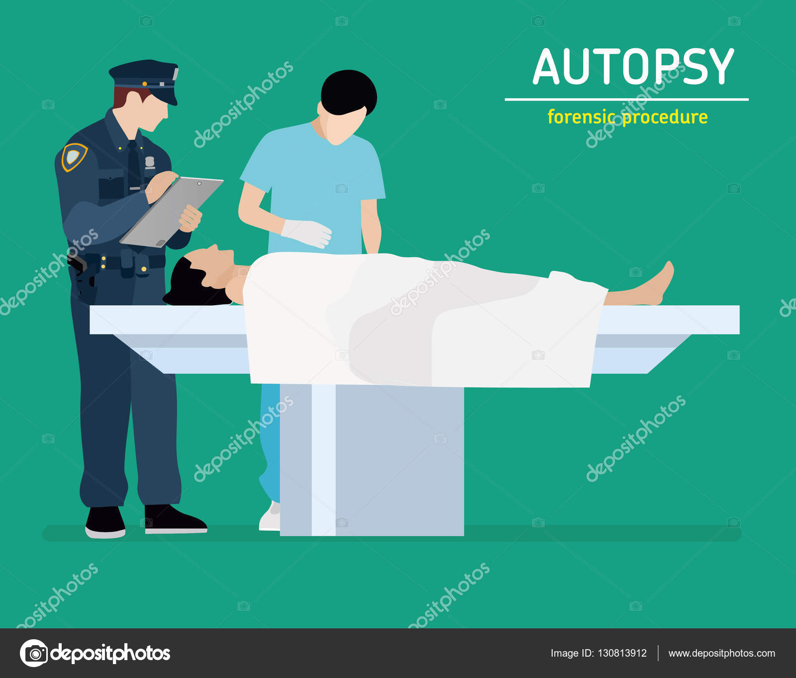Ilustración plana La autopsia de la víctima de asesinato. Procedimiento ...