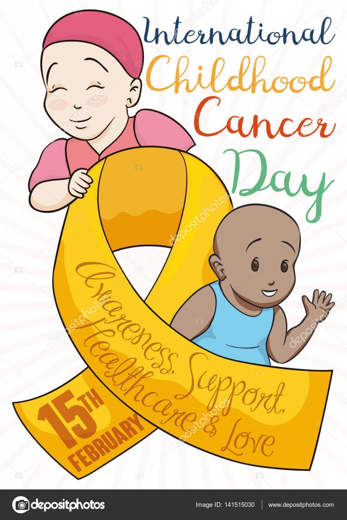 Boy and Girl over Golden Ribbon for Childhood Cancer Day, Vector ...
