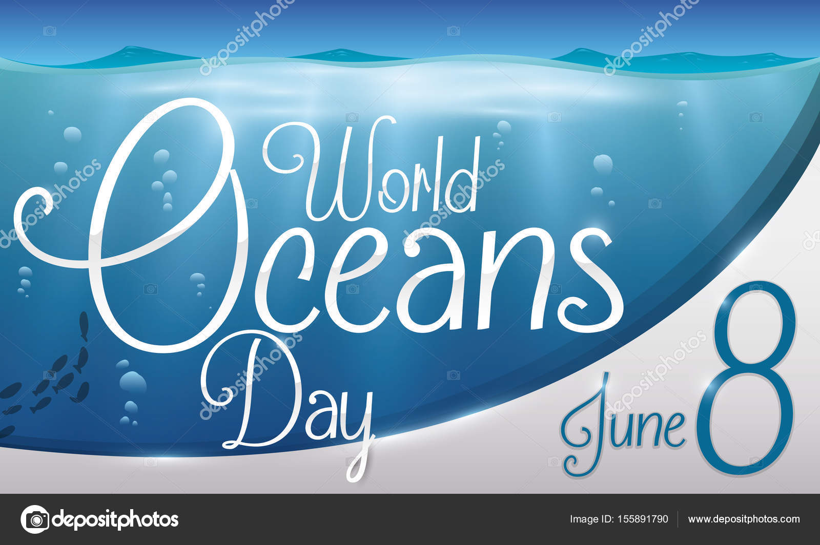 Underwater View and Greeting Label for World Oceans Day, Vector ...