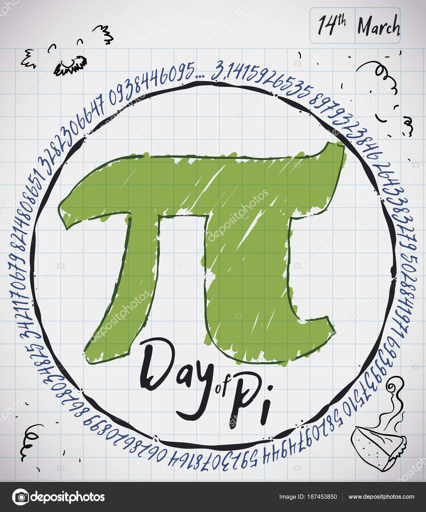 Papel de cuaderno con Doodles, pastel y símbolo Pi para el día Pi ...