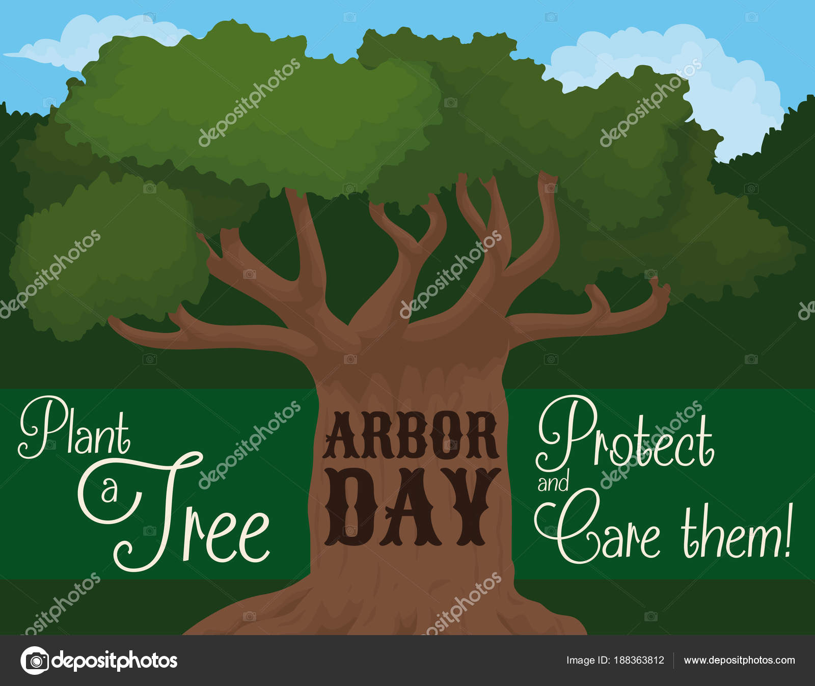 Strong Tree in a Landscape with Precepts for Arbor Day, Vector ...