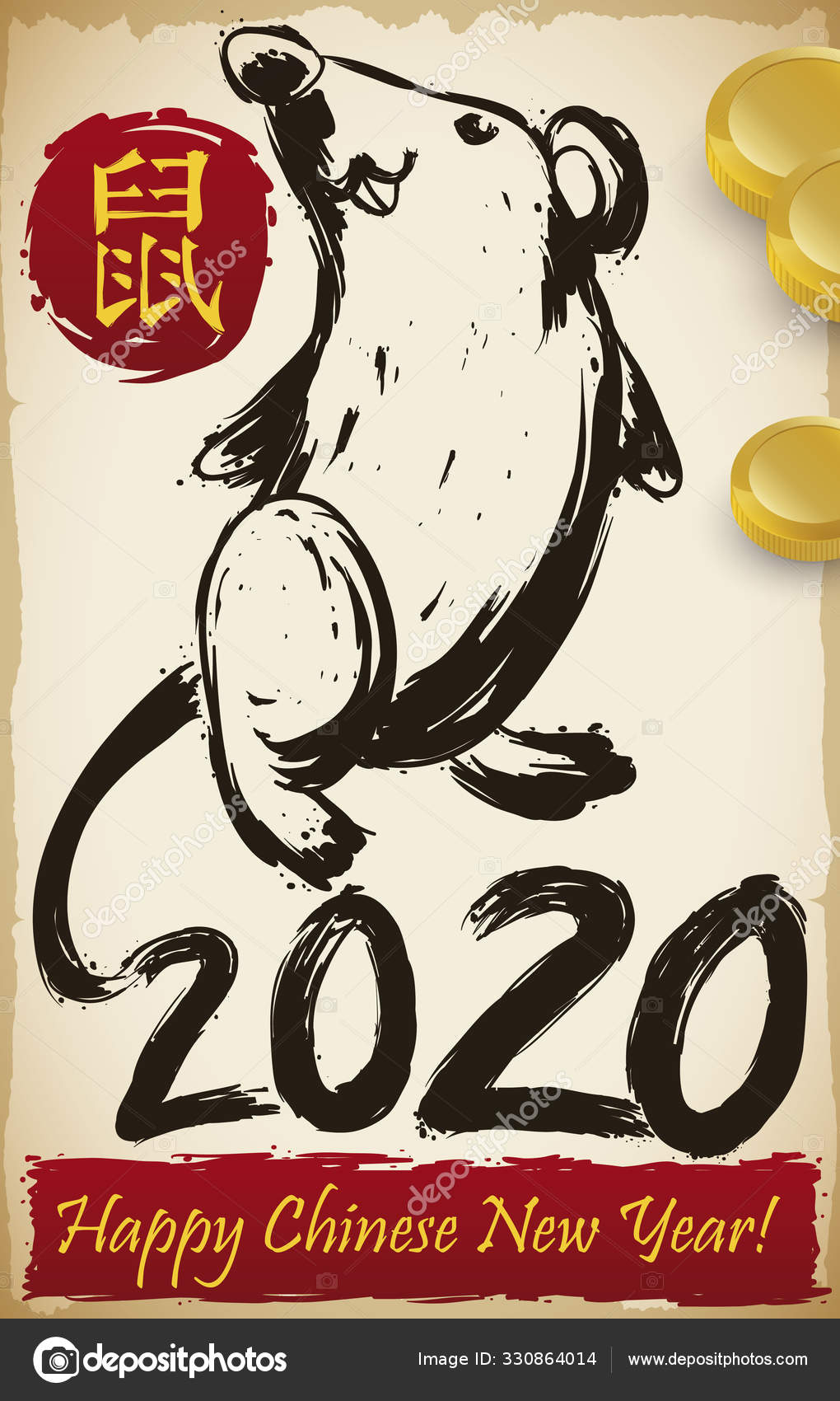 Başarılı Çin Yeni Yılı için Fare Çizimi ve Madeni Paralar, Vektör ...