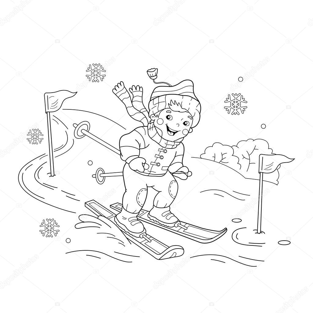 Página para colorear Esquema de niño de dibujos animados montando en ...